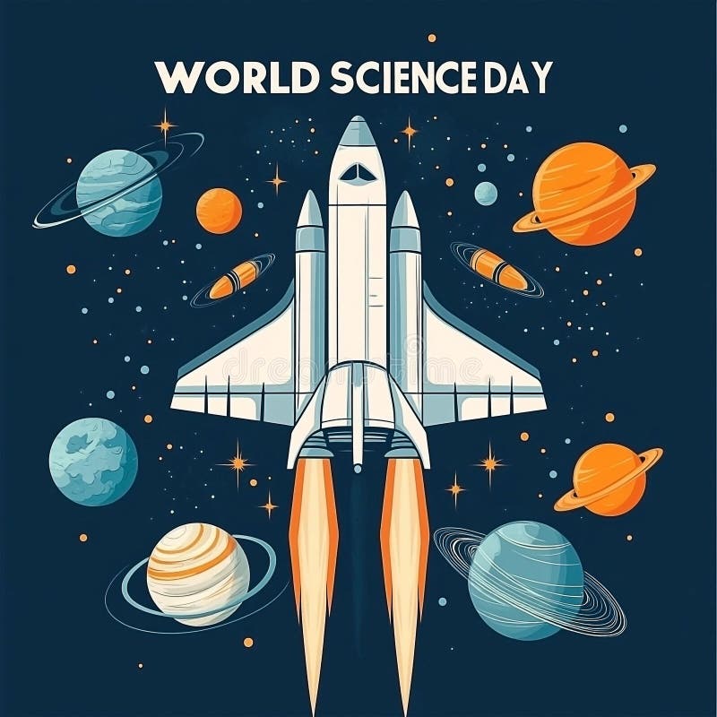 World Science Day Poster with Space Shuttle and Planets Stock ...
