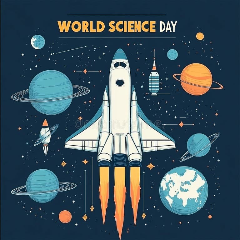 World Science Day Poster with Space Shuttle and Planets Stock ...