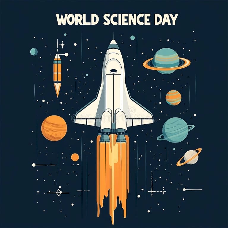 World Science Day Poster with Space Shuttle and Planets Stock ...