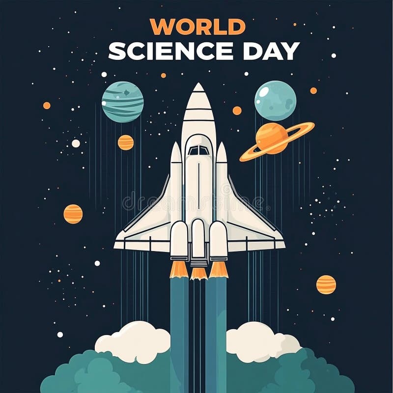 World Science Day Poster with Space Shuttle and Planets Stock ...