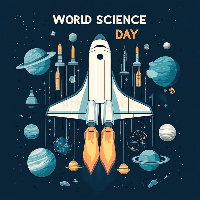 World Science Day Poster with Rocket and Planets Stock Illustration ...