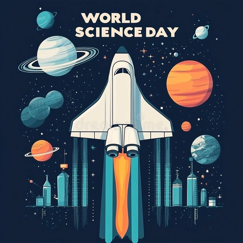 World Science Day Poster with Space Shuttle and Planets Stock ...