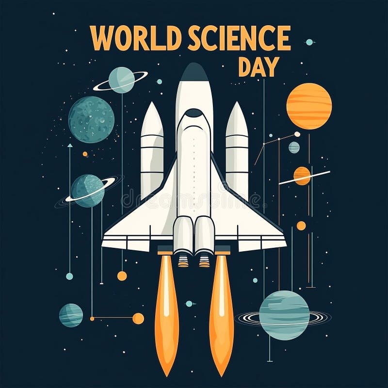 World Science Day Poster with Space Shuttle and Planets Stock ...