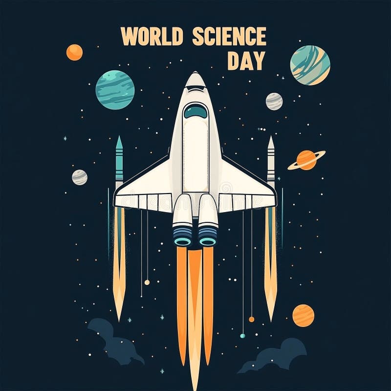 World Science Day Poster with Space Shuttle and Planets Stock ...