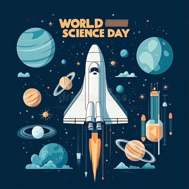 World Science Day Poster with Space Shuttle and Planets Stock ...