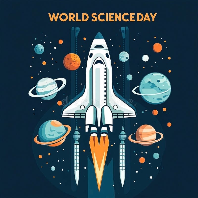 World Science Day Poster with Space Shuttle and Planets Stock ...