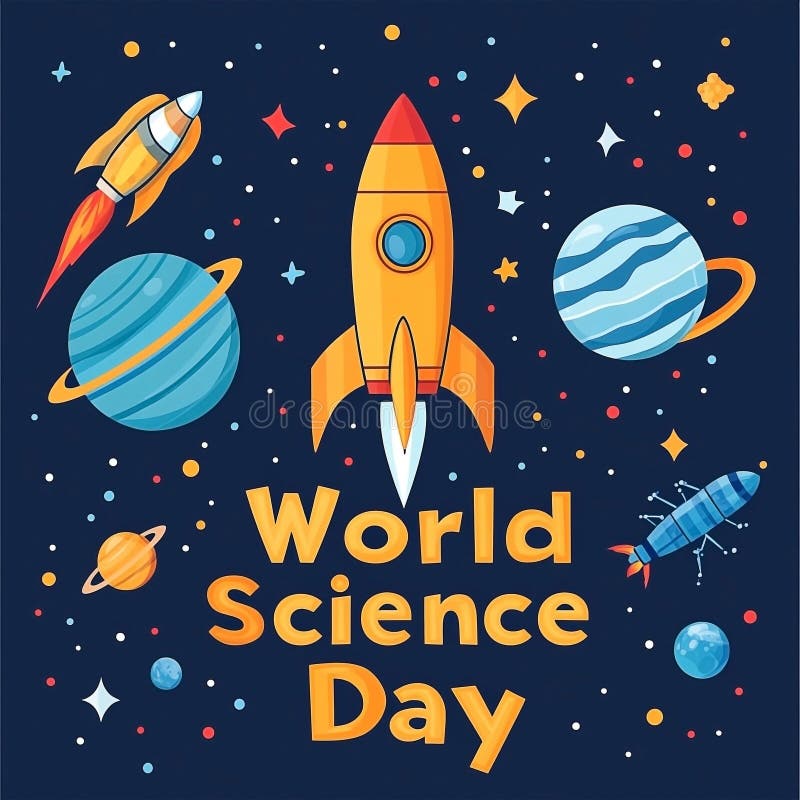 World Science Day Poster with Rocket and Planets Stock Illustration ...