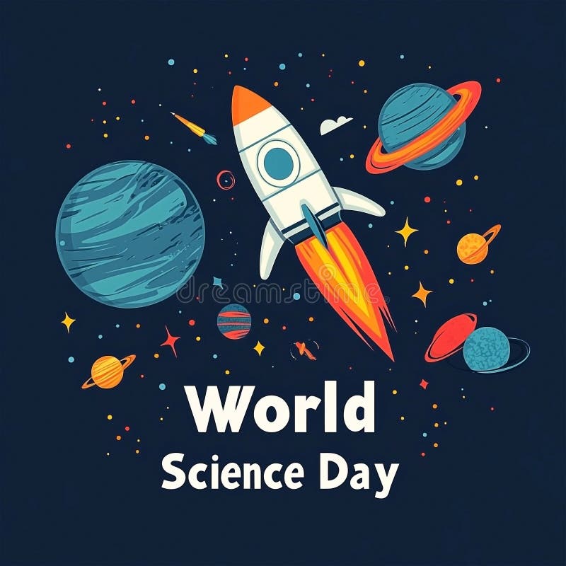 World Science Day Poster with Rocket and Planets Stock Illustration ...