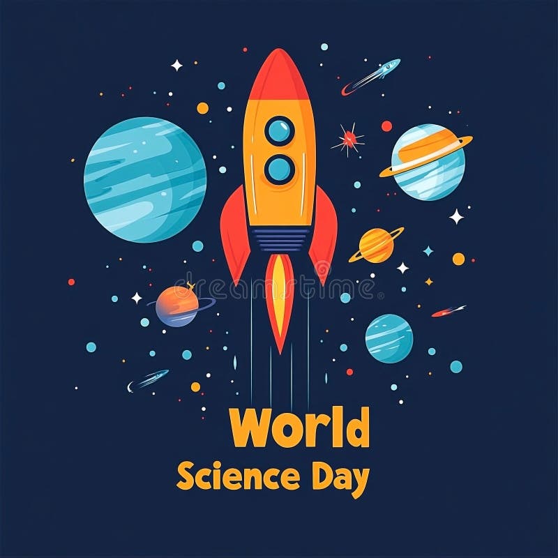 World Science Day Poster with Rocket and Planets Stock Illustration ...