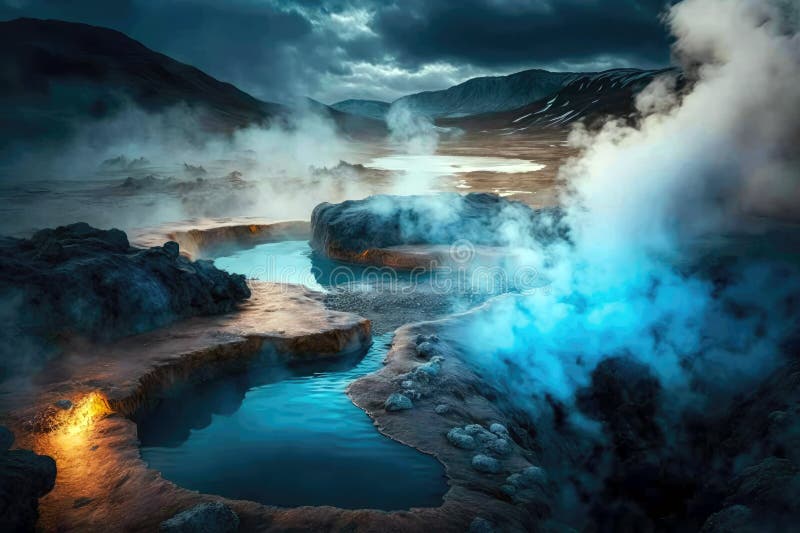 A World of Steaming Hot Springs and Geysers. Generative AI Stock ...