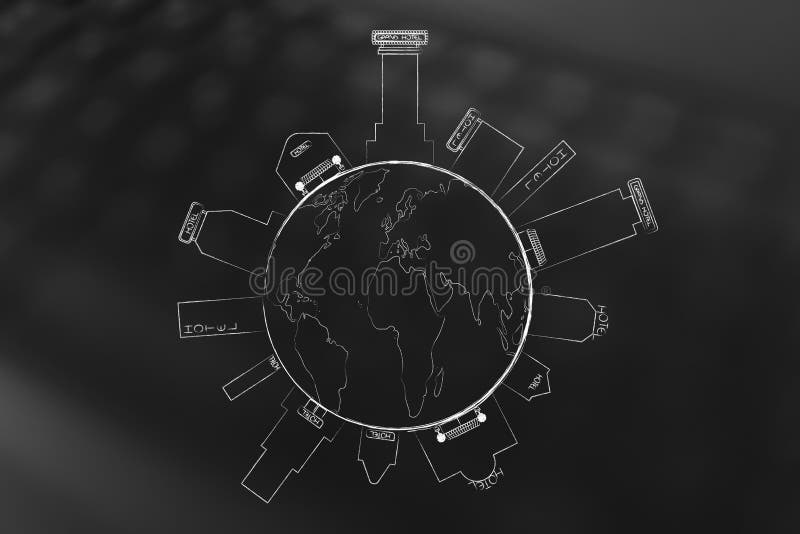 World Surrounded by Hotel Buildings with Map Inside Stock Illustration ...