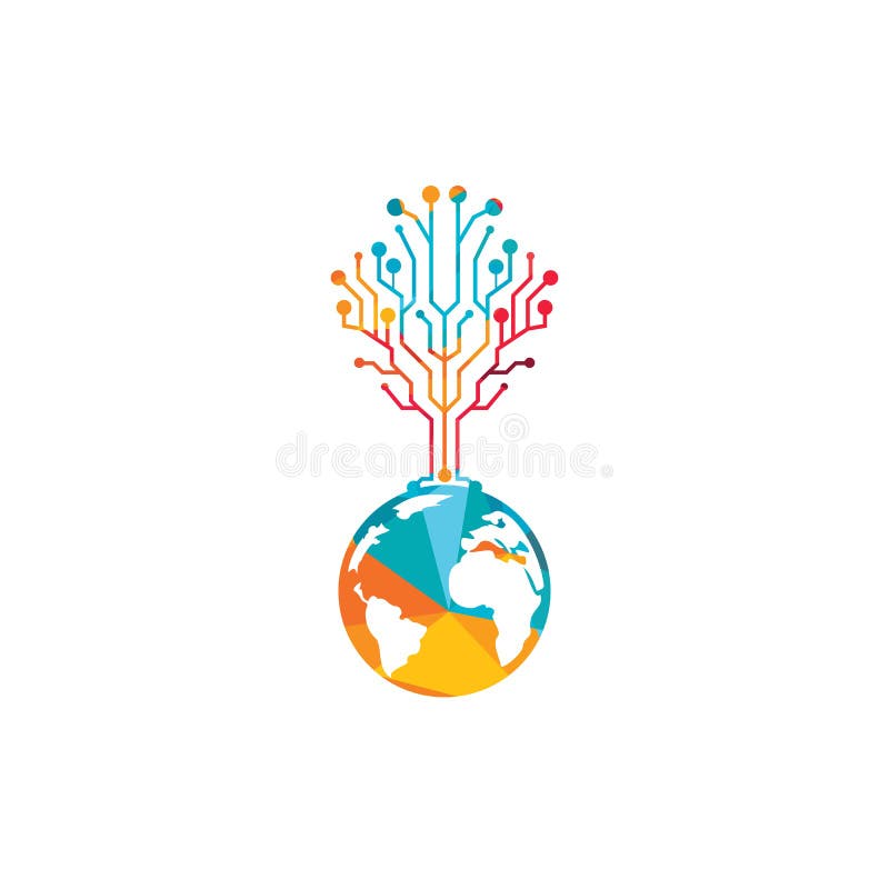World Tech Vector Logo Design Template. Globe and Tech Tree Icon Design ...