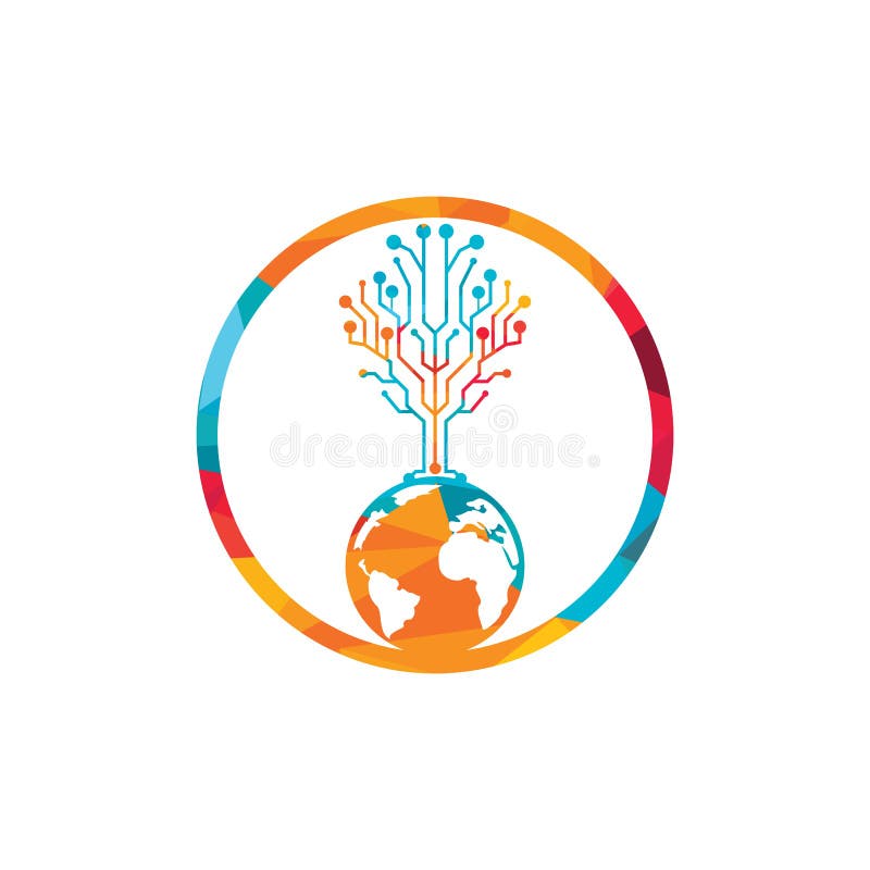 World Tech Vector Logo Design Template. Globe and Tech Tree Icon Design ...