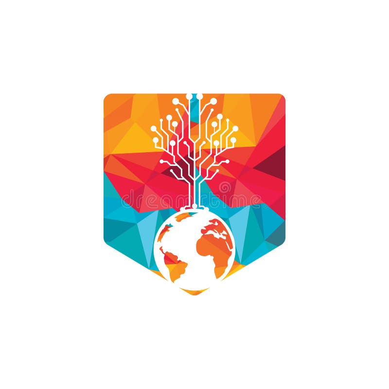 World Tech Vector Logo Design Template. Globe and Tech Tree Icon Design ...