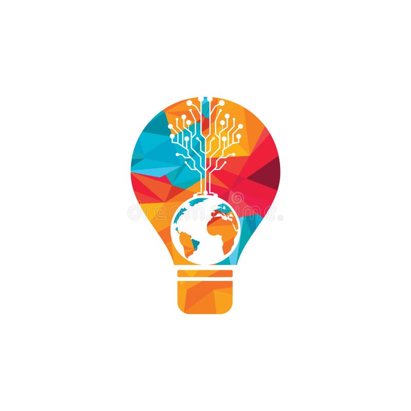 World Tech Vector Logo Design Template. Globe and Tech Tree with Bulb ...