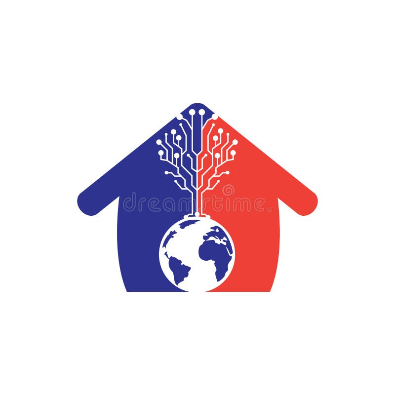 World Tech Vector Logo Design Template. Globe and Tech Tree with Home ...