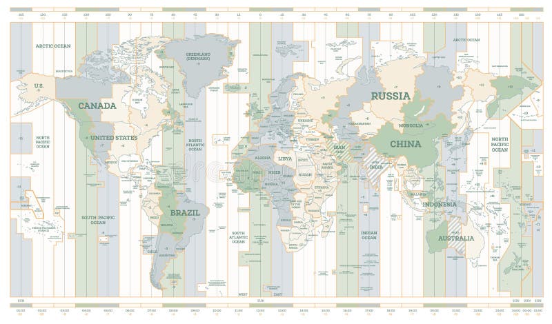 World Time Zones Map. Detailed World Map with Countries Names Stock ...