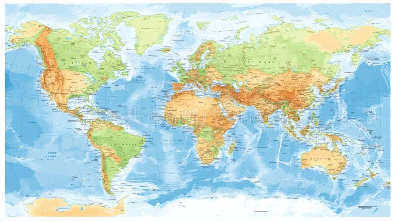 World Topographic Map, Continents, Oceans, Terrain Stock Illustration ...