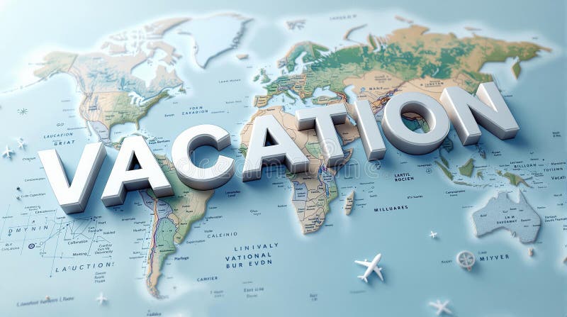 World Travel Map Featuring Vacation Text and Airplane Models Stock ...