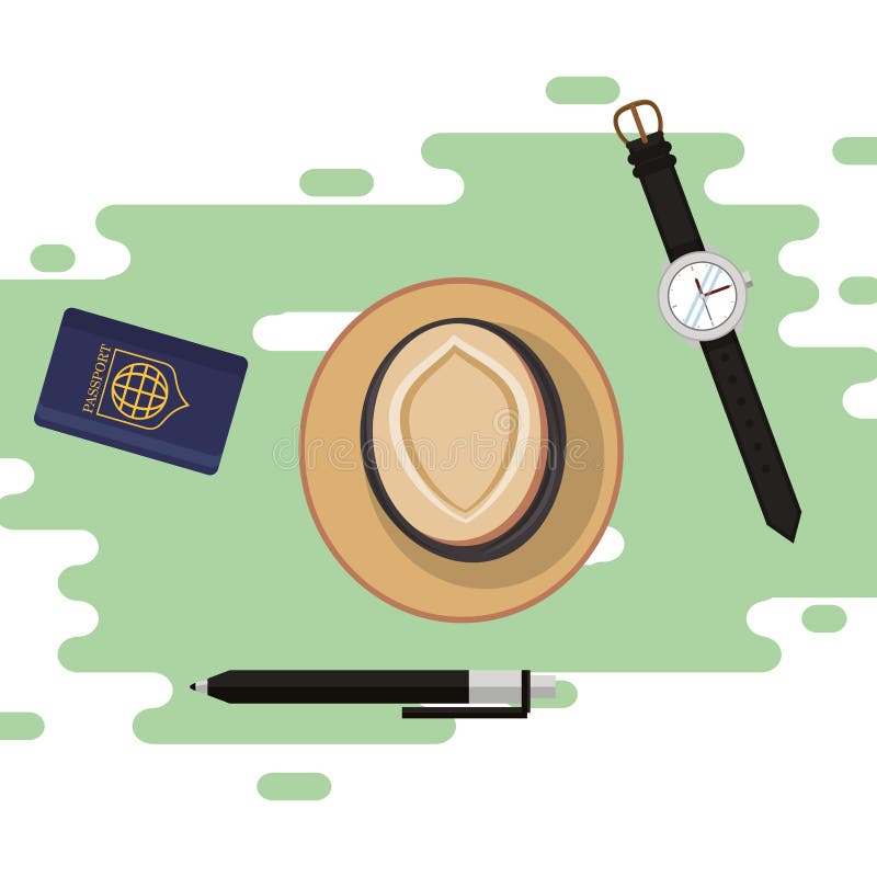World Travel Scene with Hat and Icons Stock Vector - Illustration of ...