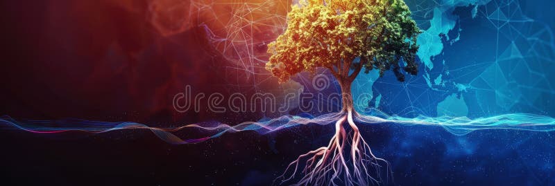 A World Tree with Roots Made of Cables and Pipes, Connecting Continents ...