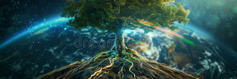 A World Tree with Roots Made of Cables and Pipes, Connecting Continents ...