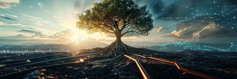A World Tree with Roots Made of Cables and Pipes, Connecting Continents ...