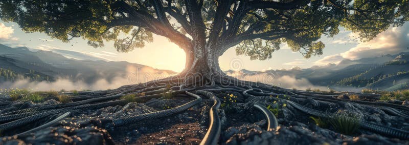 A World Tree with Roots Made of Cables and Pipes, Connecting Continents ...