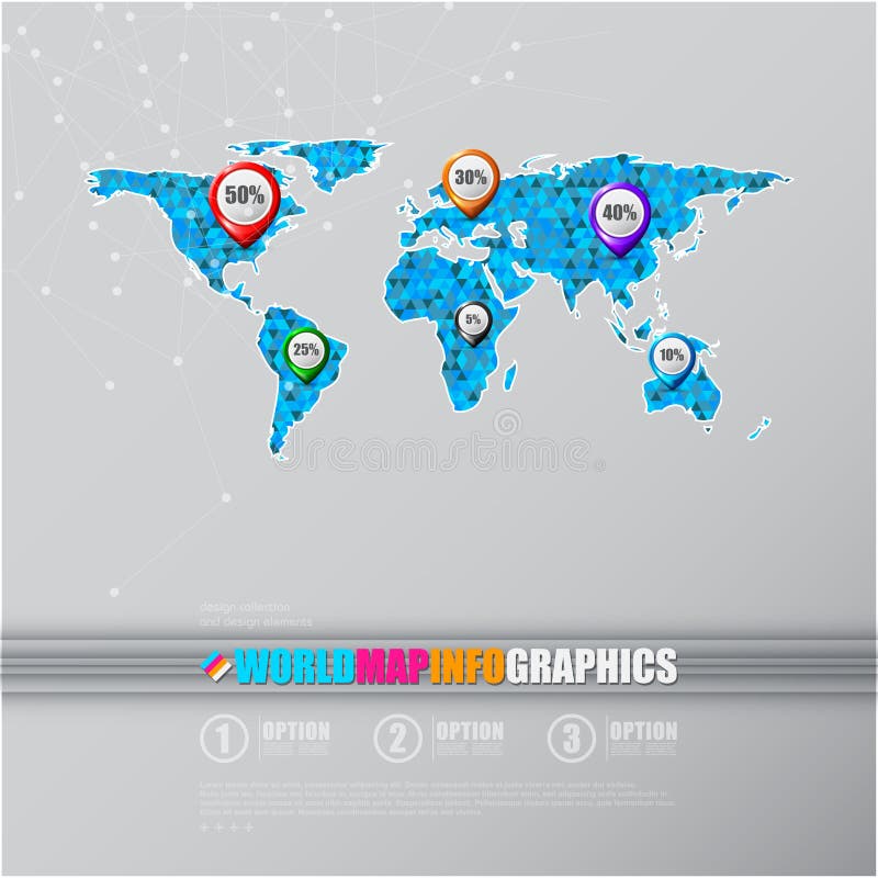 World Triangular Blue Map with Tags, Points and Location Icons. Stock ...