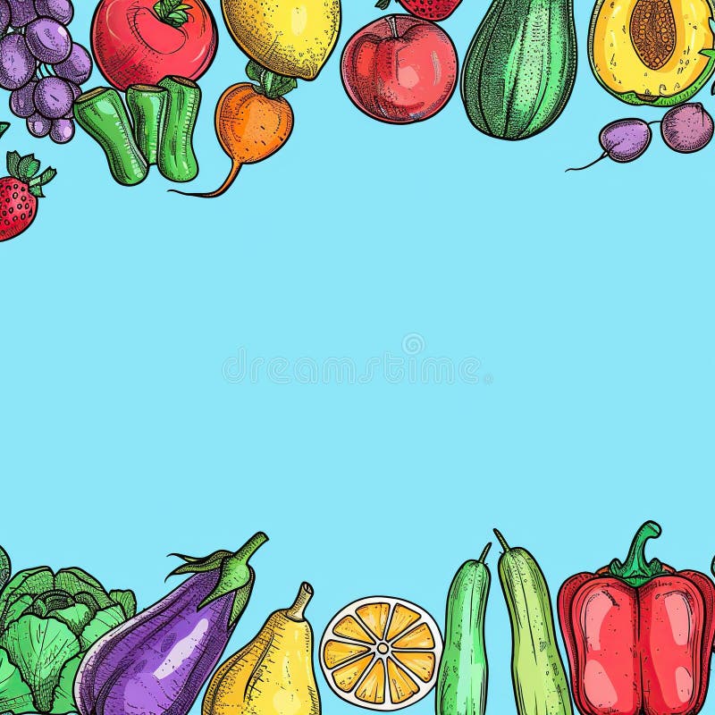 World Vegan Day Hand Drawn Fruit and Veggie Border on a Light Blue ...