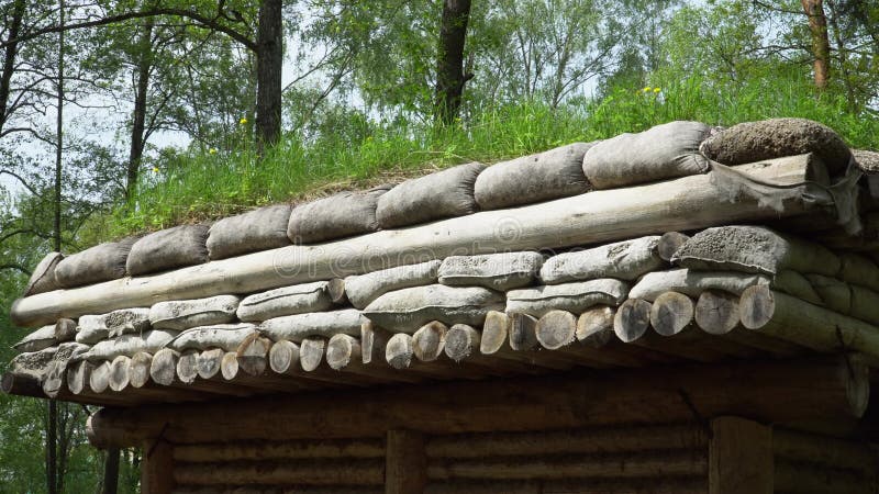World War I Log Bunker Roof with Sandbags and Grass Covering Stock ...