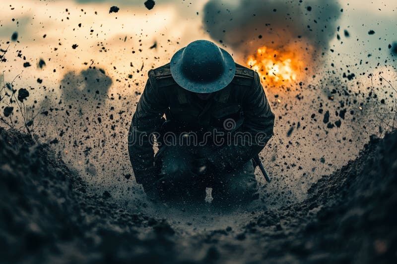 A World War I Soldier Crouching Down As Artillery Shells Explode in the ...