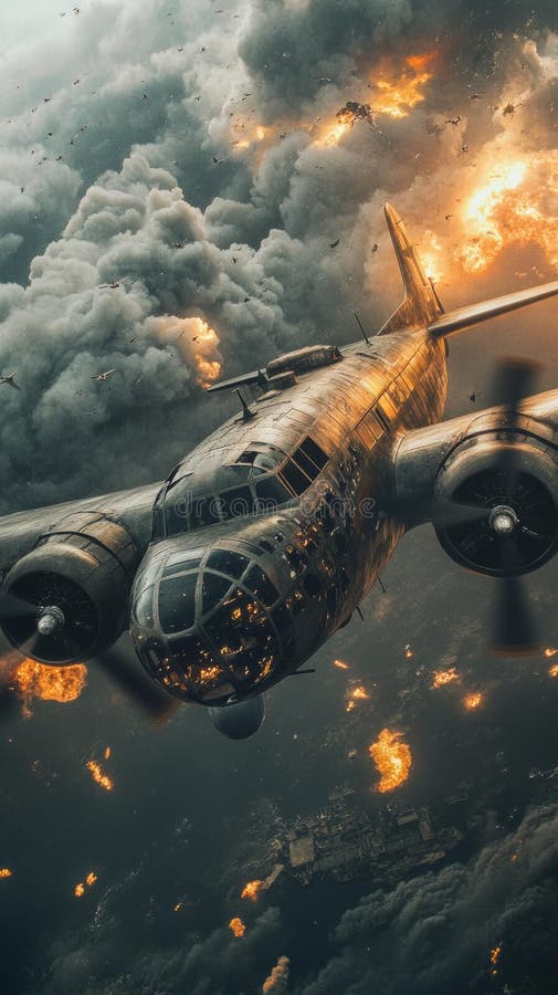 World War Ii Bomber Plane in Fiery Skies with Exploding Clouds and ...