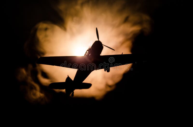 World War Ii Fighter Plane at Sunset or Dark Orange Fire Explosion Sky ...