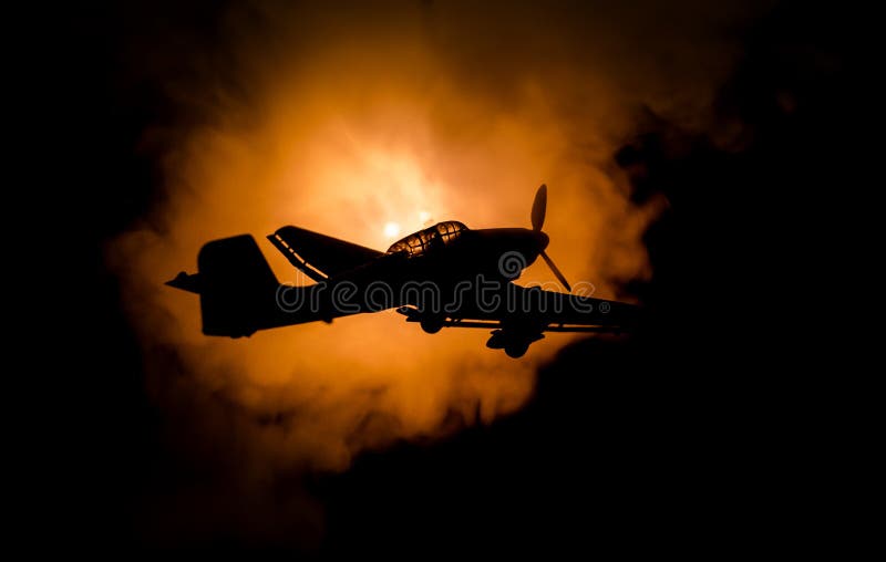 World War Ii Fighter Plane at Sunset or Dark Orange Fire Explosion Sky ...