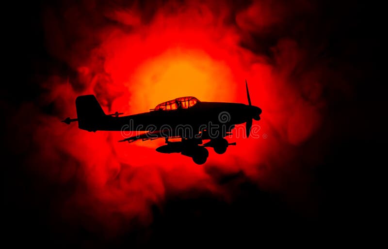 World War Ii Fighter Plane at Sunset or Dark Orange Fire Explosion Sky ...