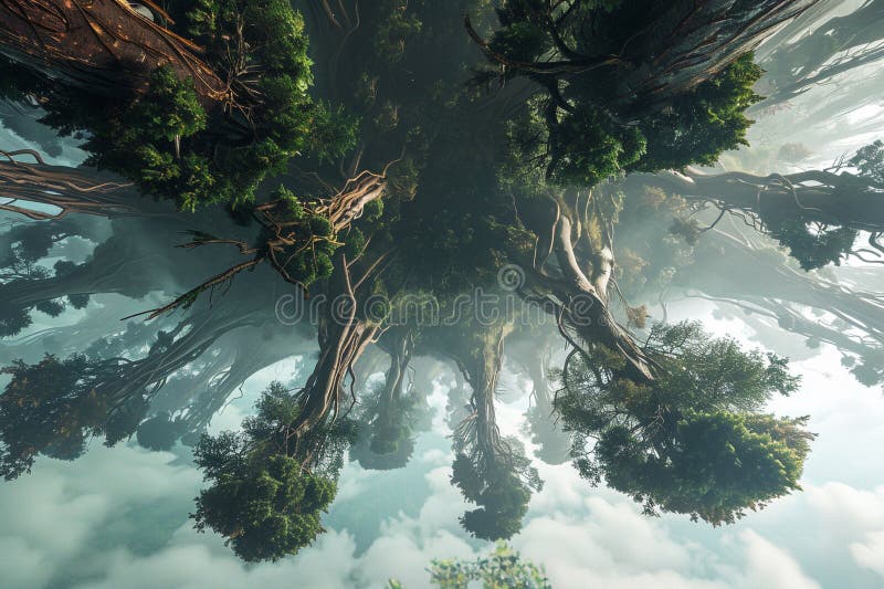 A World Where Trees Grow Upside Down Roots Reaching for the Sky Stock ...