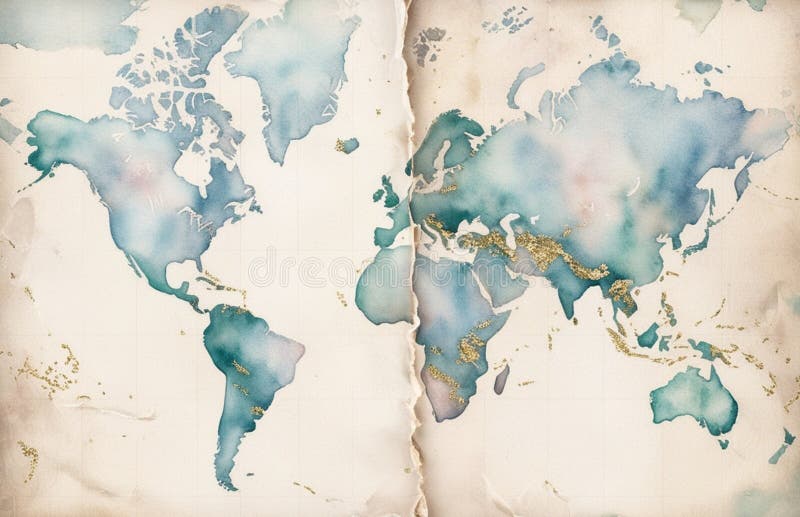 Ethereal Watercolor World Map on Vintage Paper Stock Illustration ...