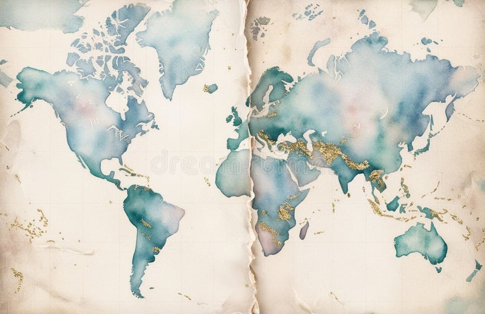 Ethereal Watercolor World Map on Vintage Paper Stock Illustration ...