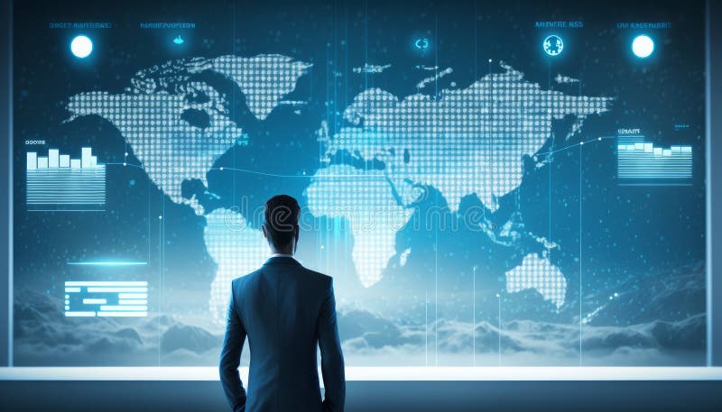 Worldwide Business Concept, Person Analyzing HUD, World Map. Generative ... Worldwide Business Concept, Person Analyzing HUD, World Map. Generative ...