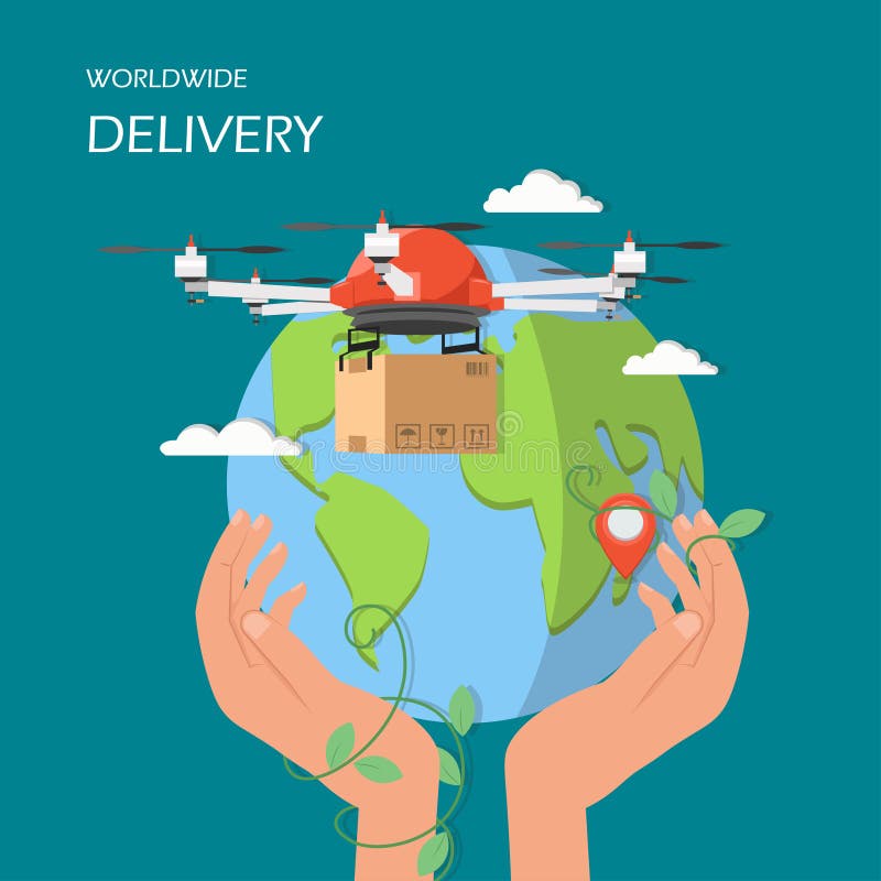 Worldwide Drone Delivery Vector Illustration in Flat Style Stock Vector ...