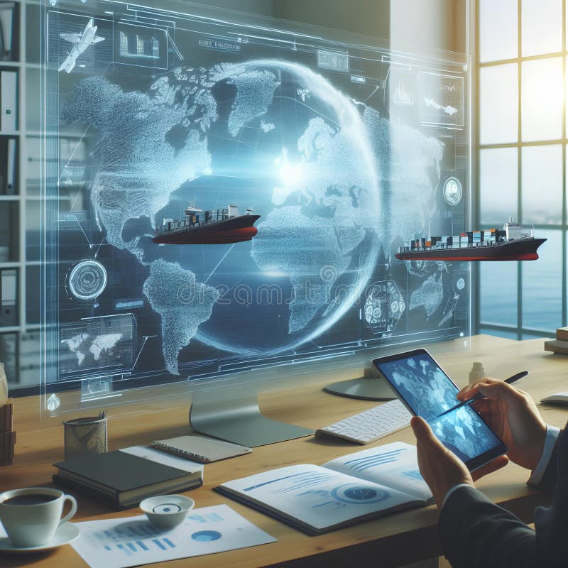 Worldwide Logistics Network on a Transparent Screen in the Office Stock ...