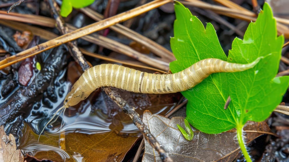 A Worm Crawling on a Leaf in the Water, AI Stock Photo - Image of ...