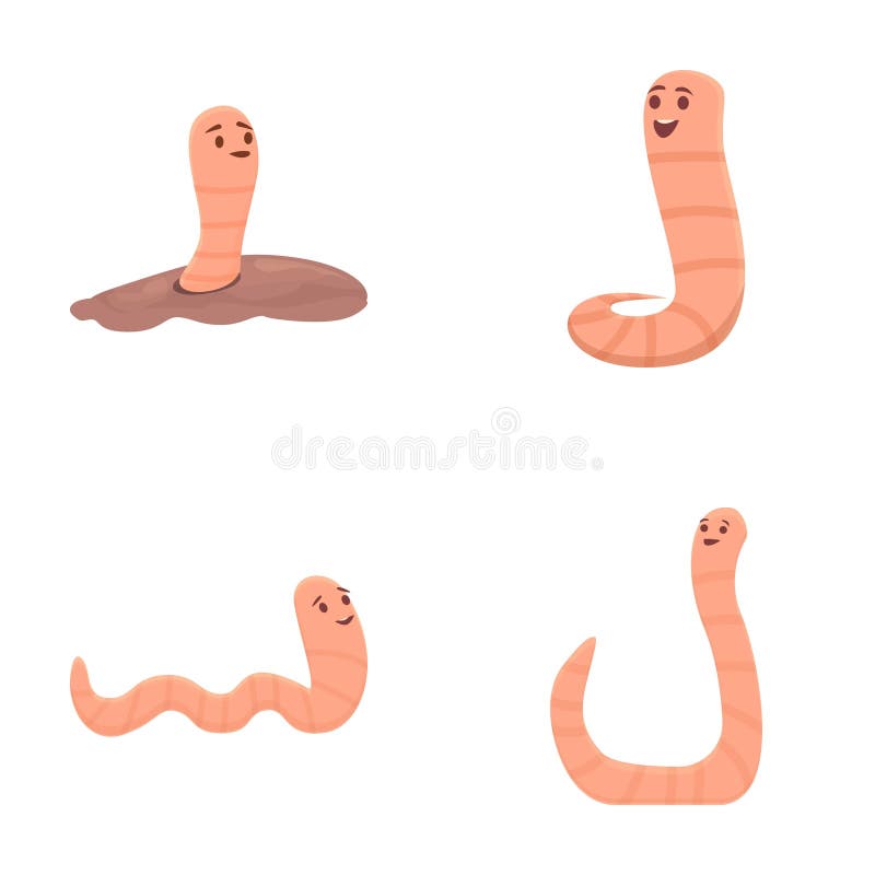 Worm Icons Set Cartoon Vector. Amusing Adorable Earthworm Stock Vector ...