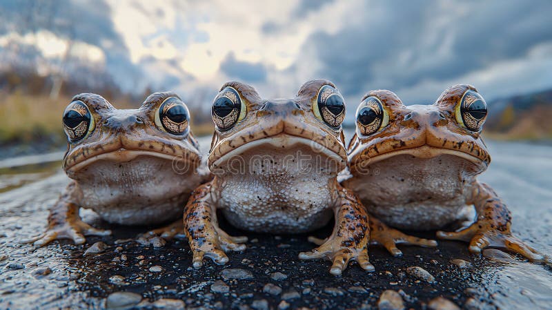 Worm S Eye View Captures Three Frogs Resting on a Wet Surface Stock ...