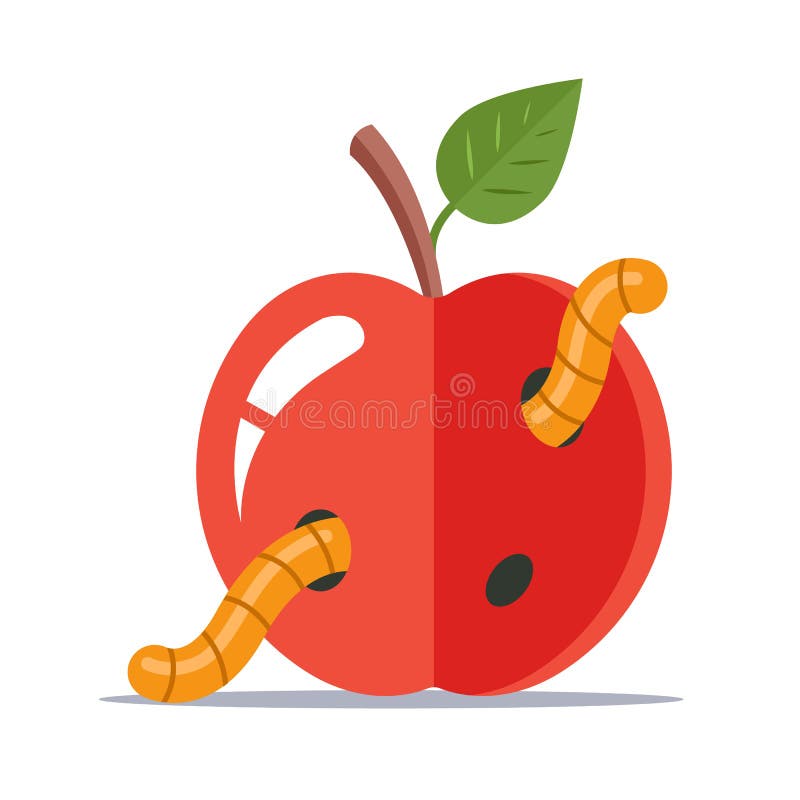 Wormy Red Apple with a Green Leaf. Stock Vector - Illustration of ...