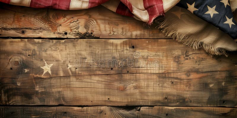 Worn American Flag Draped Over Rustic Wooden Planks with Natural ...