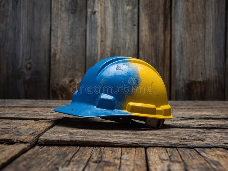 Worn Blue and Yellow Hard Hat on Weathered Wood. Stock Photo - Image of ...