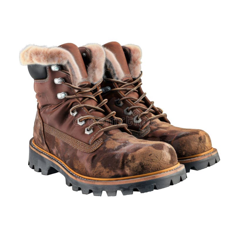 Worn Brown Leather Boots with Fur Trim Stock Image - Illustration of ...