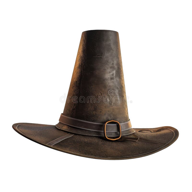 A Worn Brown Leather Pilgrim Hat with a Wide Brim and a Buckle Stock ...